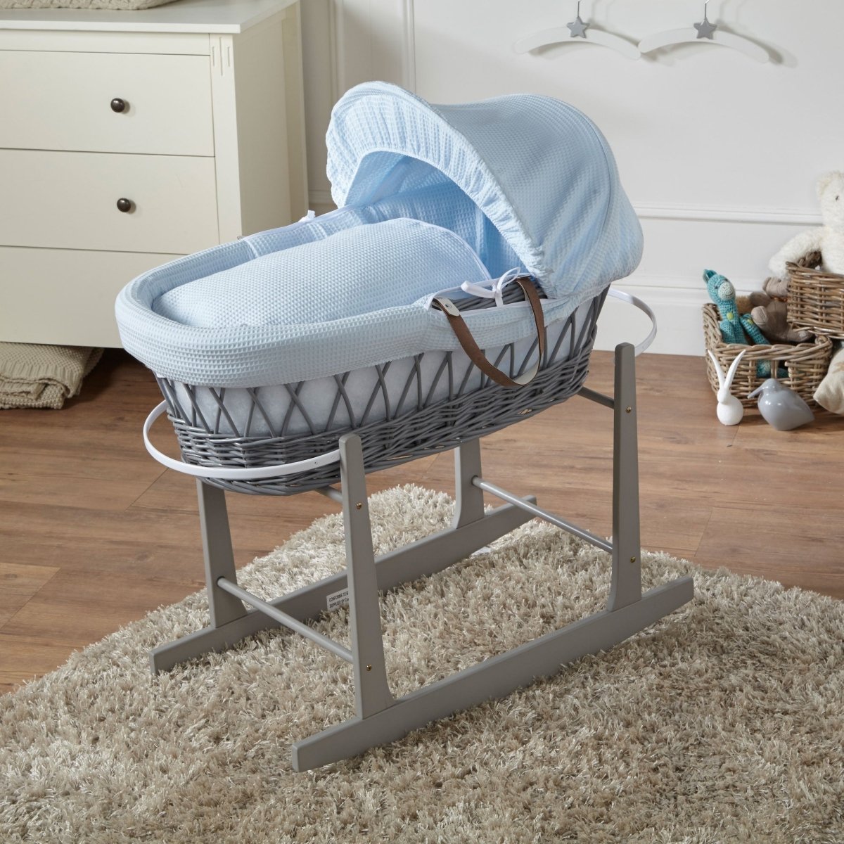 Blue Waffle Grey Wicker Moses Basket with Stand | Newborn Bed